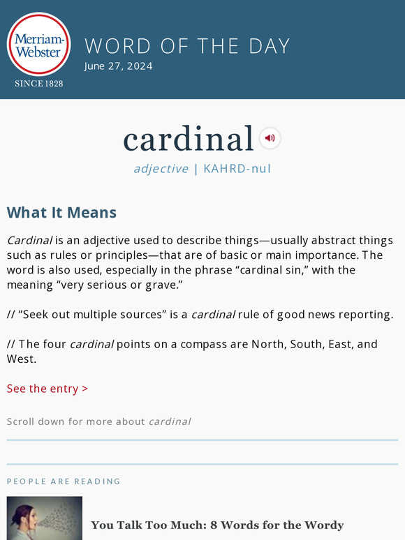 Merriam-Webster: Cardinal - plus, You Talk Too Much: 8 Words for the ...
