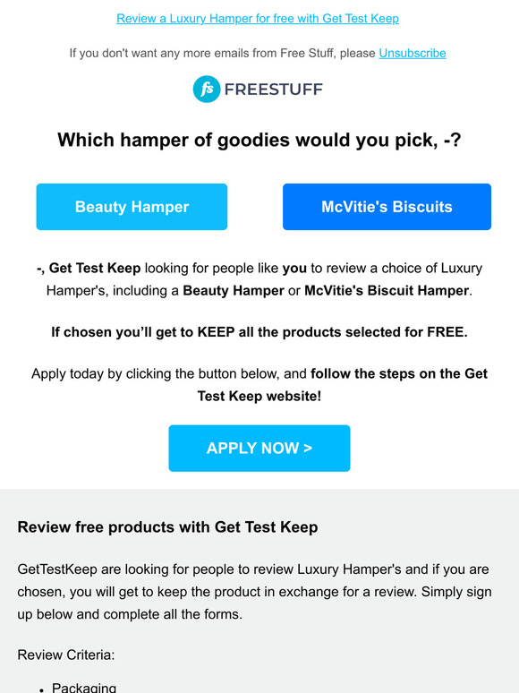 FreeStuff: Review a Luxury Hamper for free with Get Test Keep | Milled