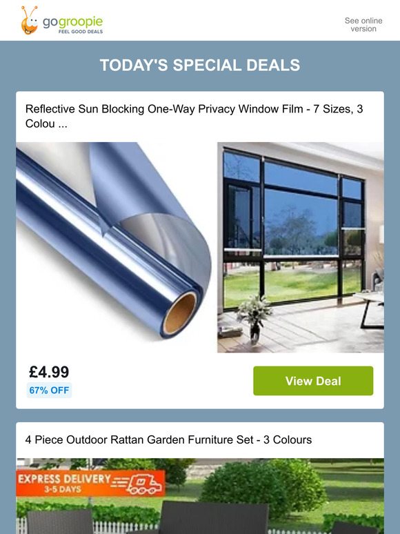 Go Groopie: Sun Blocking Privacy Window Film £4.99 | 4pc Rattan Set £79 ...