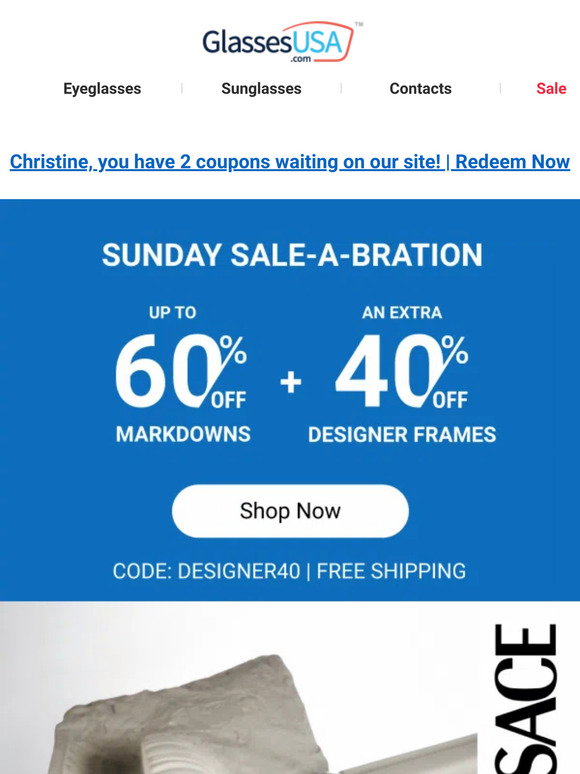 GlassesUSA: SUNDAY SPECIAL >>> Up to 60% off + an extra 40% off ...