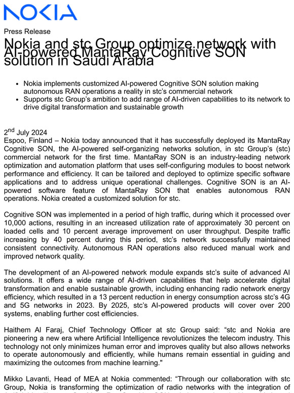Withings: Nokia and stc Group optimize network with AI-powered MantaRay Cognitive SON solution ...