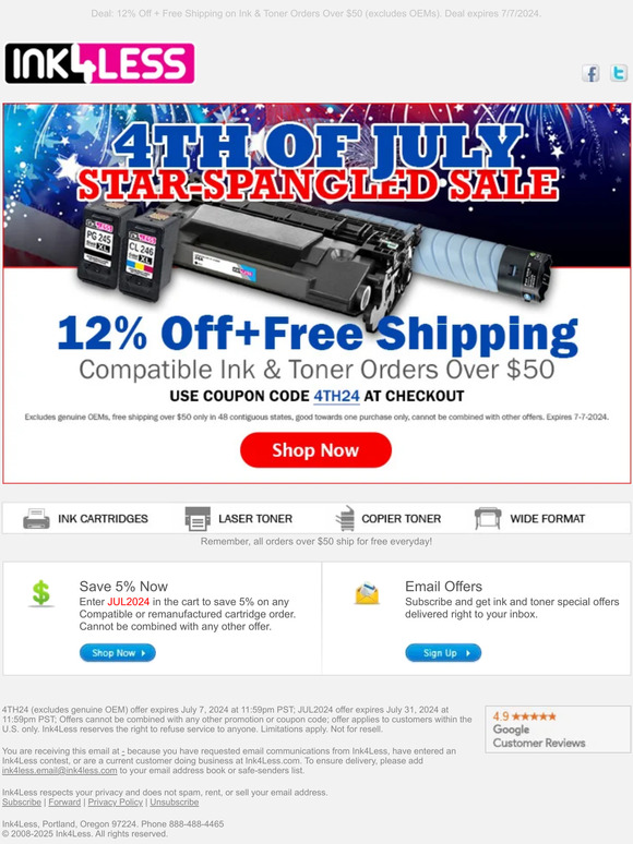 Ink4Less: 4th of July Savings! 12% Off + Free Shipping for a Limited ...