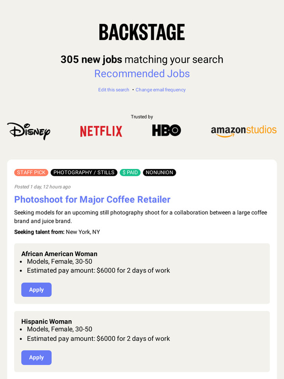 Backstage: 305 New Roles Available for Recommended Jobs - Jul 3 | Milled