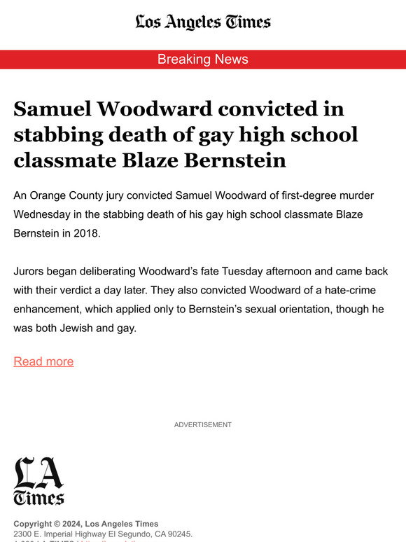 Los Angeles Times: Samuel Woodward convicted in stabbing death of gay ...