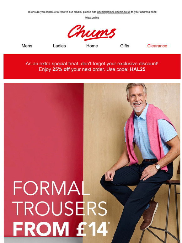 Chums: Get Your Perfect Fit: Trousers from £14 | Milled