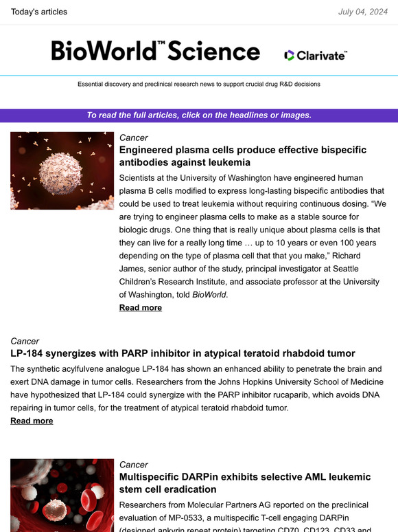 BioWorld: Full edition: Engineered plasma B cells for leukemia; Novel ...