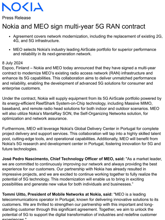 Nokia Health: Nokia and MEO sign multi-year 5G RAN contract | Milled