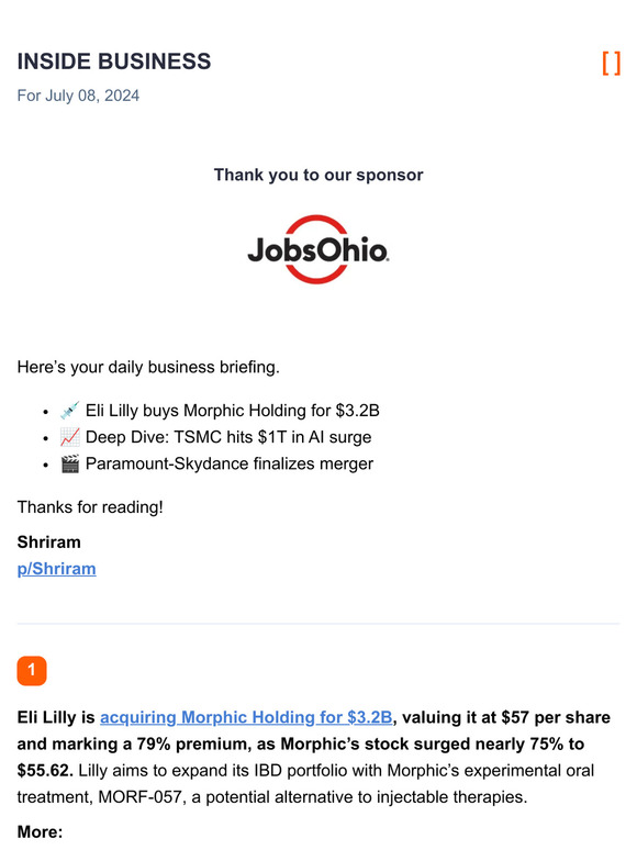 Inside: Eli Lilly buys Morphic Holding for $3.2B / Deep Dive: TSMC hits $1T in AI surge ...