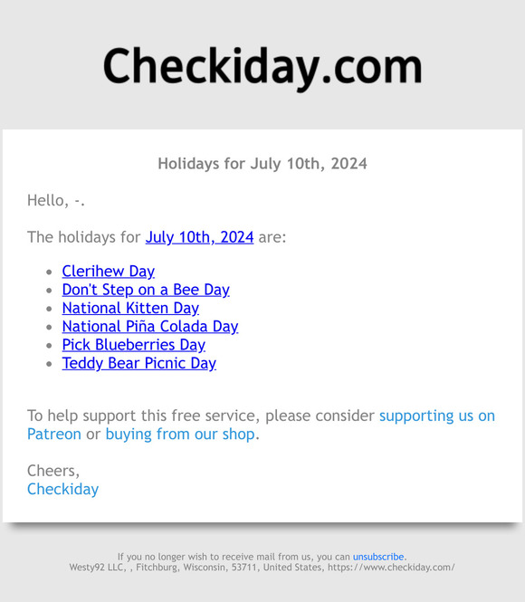 Checkiday: Holidays for July 10th, 2024! 📅🎉 | Milled