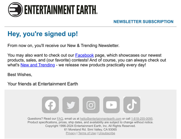 EntertainmentEarth.com: Newsletter Subscription Confirmation from ...