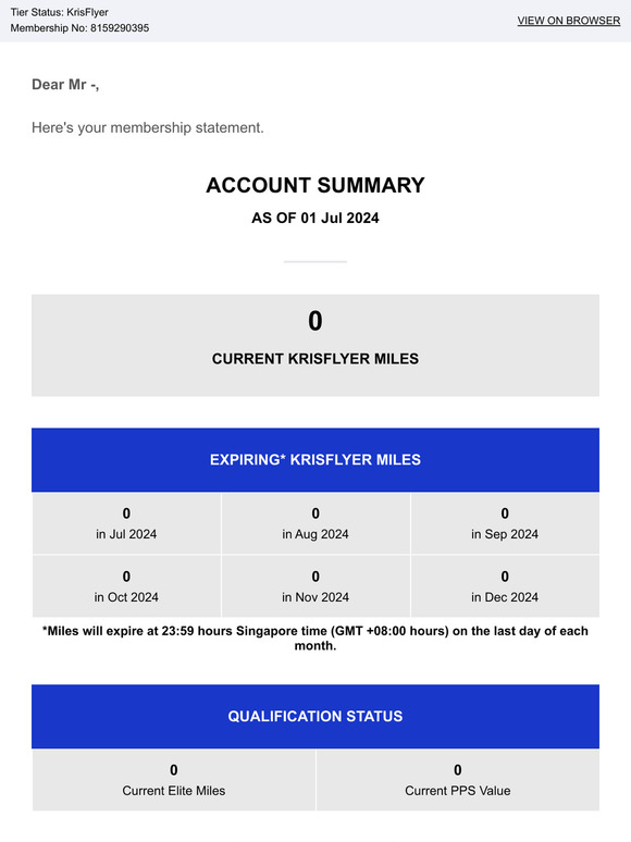 Singapore Airlines: Your KrisFlyer Account Statement | Milled