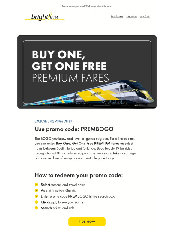 Brightline: 🚨BOGO PREMIUM FARES for a limited time. | Milled