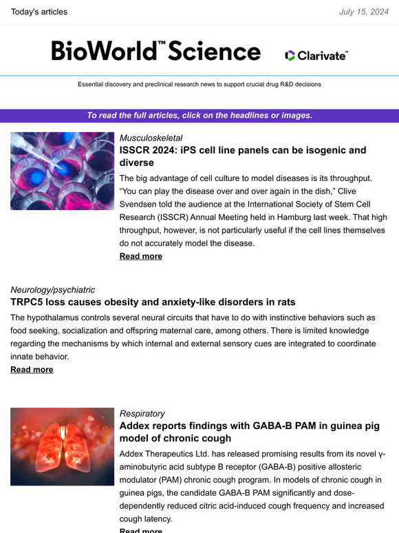 BioWorld: Full edition: New cell-based models at ISSCR 2024; Addex ...