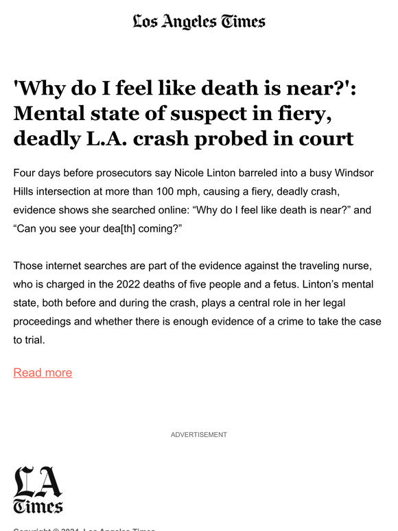 Los Angeles Times: 'Why do I feel like death is near?': Mental state of ...