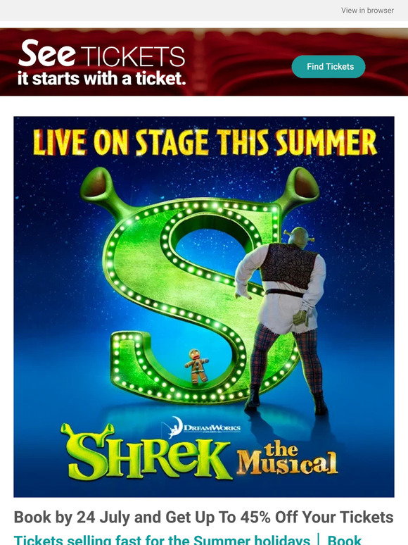 See Tickets: 45% off Shrek The Musical for a limited time! 💚 | Milled