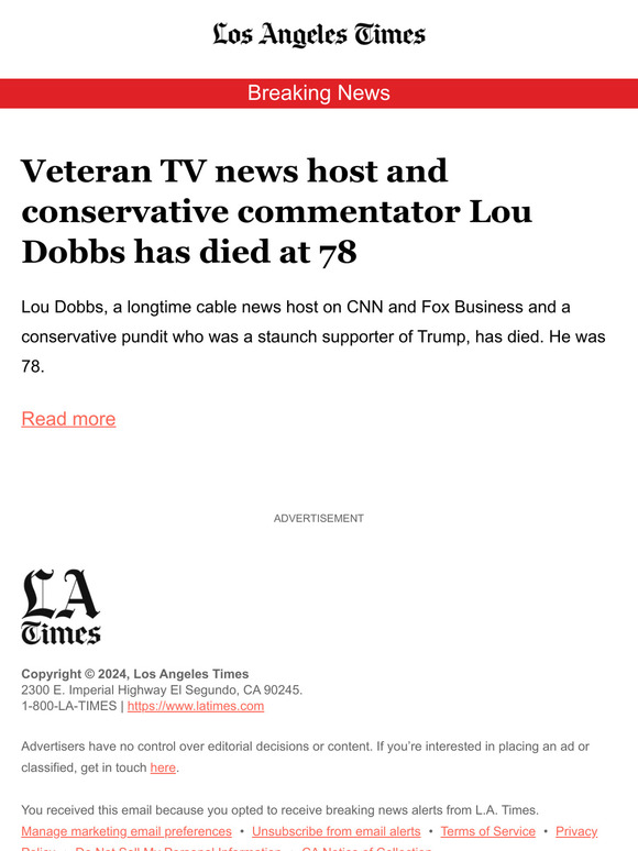 Los Angeles Times: Lou Dobbs, longtime CNN and Fox Business anchor ...