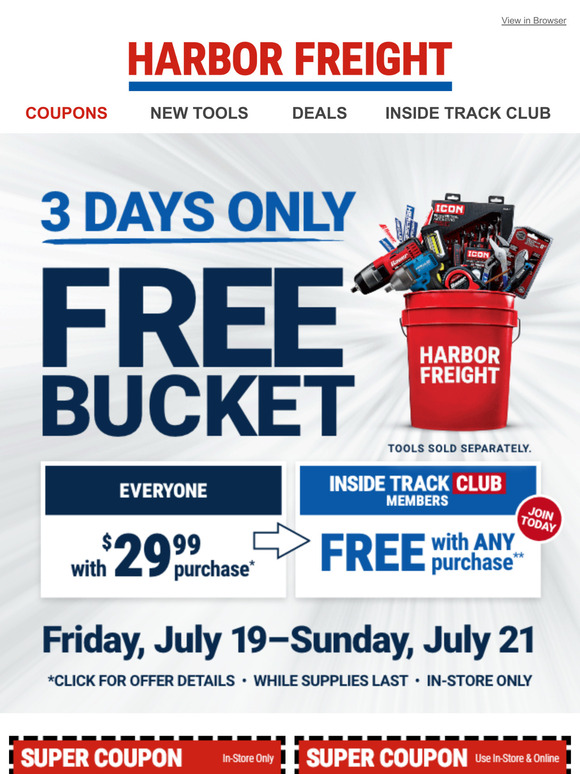 Harbor Freight Tools: Your Coupon for a FREE BUCKET Inside | Milled