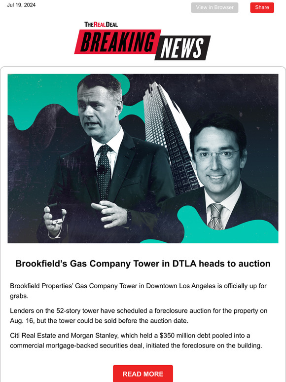 The Real Deal: BREAKING: Brookfield’s Gas Company Tower in DTLA heads to auction | Milled