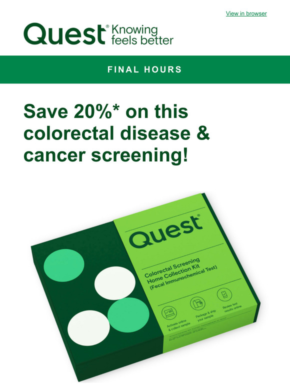 Quest (Lab Testing): 20% off colon disease & cancer screenings ⏰ | Milled