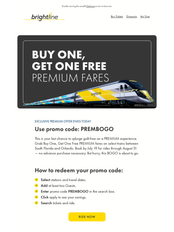 Brightline: Your free PREMIUM fare is inside. 😮 | Milled