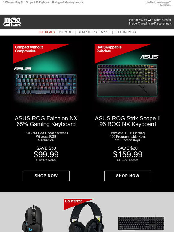 Micro Center: $99 ASUS ROG Falchion NX 65% Keyboard...$39 G502 Hero ...