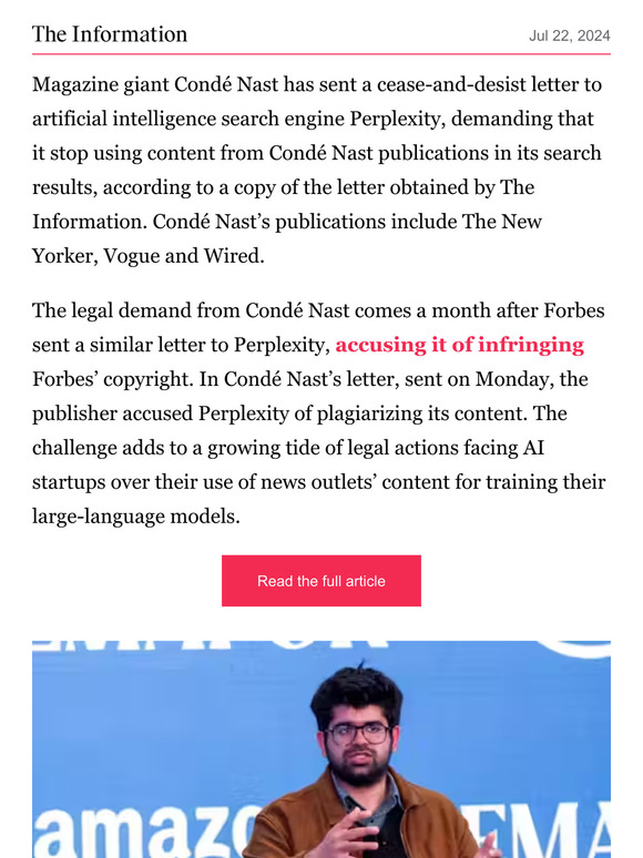The Information: Condé Nast Sends Cease-and-Desist Letter to AI Search Engine Perplexity | Milled