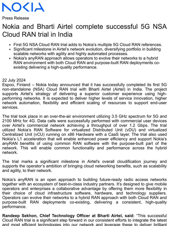 Nokia Health: Nokia and Bharti Airtel complete successful 5G NSA Cloud RAN trial in India | Milled