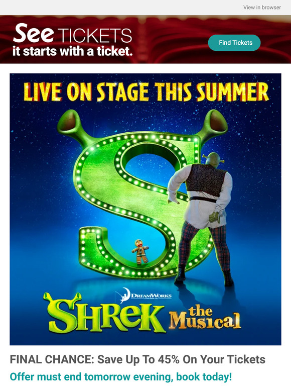 See Tickets: Shrek The Musical 💚 Your last chance to save 45% on your ...
