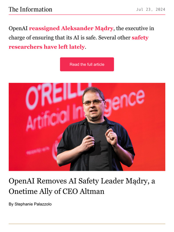 The Information: Exclusive: OpenAI Removes AI Safety Leader Mądry, a ...