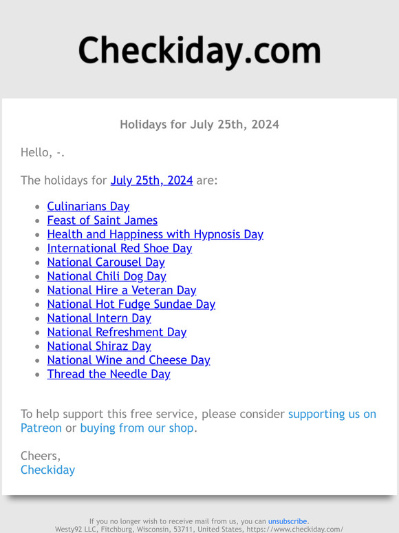 Checkiday: Holidays for July 25th, 2024! 📅🎉 | Milled