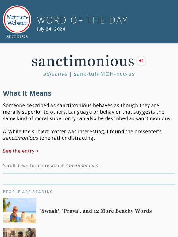 Merriam-Webster: Sanctimonious - plus, 'Swash', 'Praya', and 12 More ...