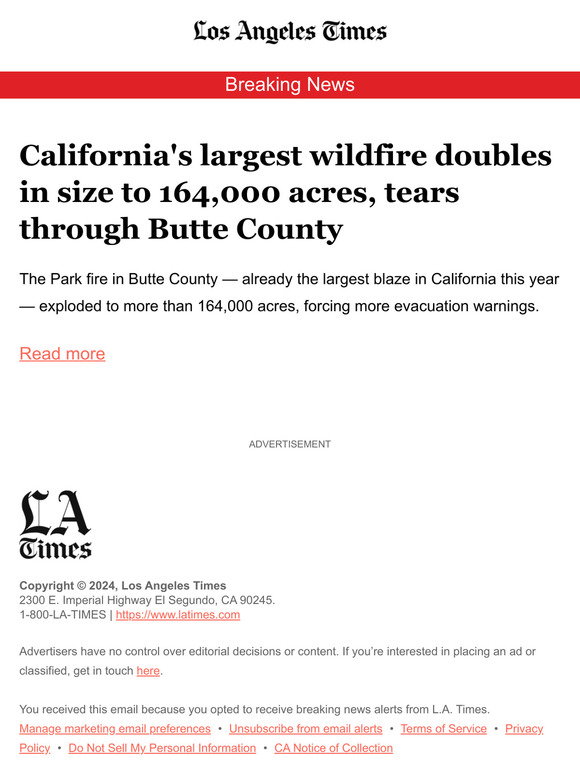 Los Angeles Times: California's largest wildfire doubles in size to ...