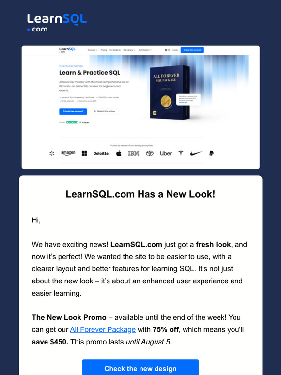 LearnSQL.com: New Design at LearnSQL.com and New Surprises! | Milled