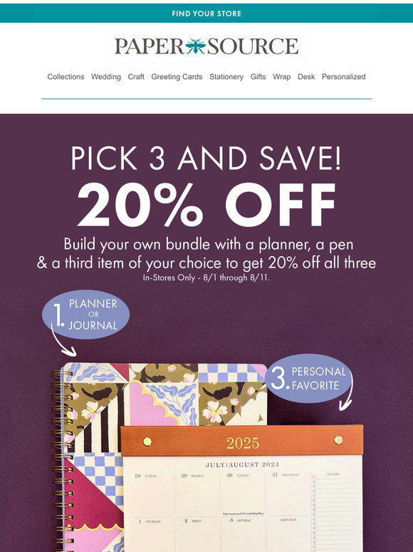 Paper Source: Pick 3 & Save 20% In Stores! | Milled