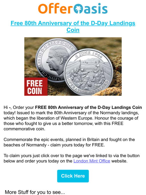 Offer Oasis: Free 80th Anniversary of the D-Day Landings Coin | Milled