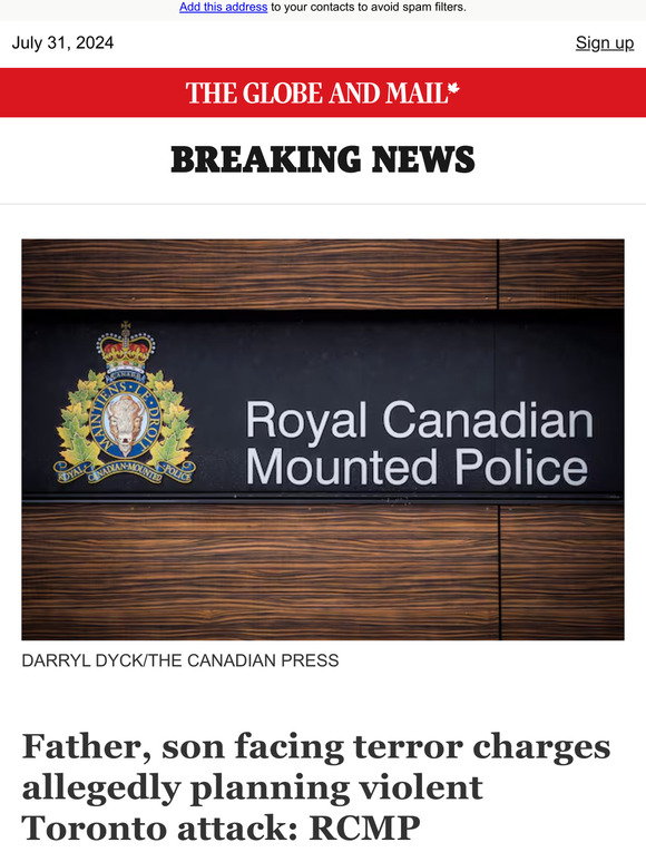 The Globe and Mail: Breaking news: Father, son facing terror charges ...