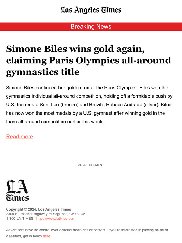 Los Angeles Times: Simone Biles wins gold again, claiming Paris ...