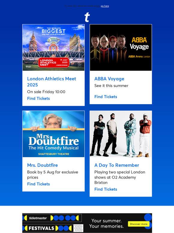 Ticketmaster: London Athletics Meet 2025, ABBA Voyage, Mrs. Doubtfire ...