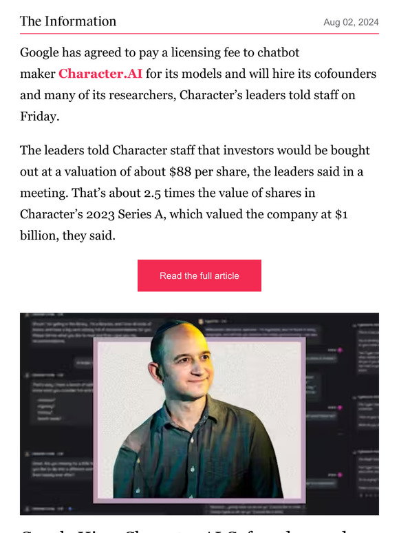 The Information: Google Hires Character.AI Cofounders and Licenses Its ...
