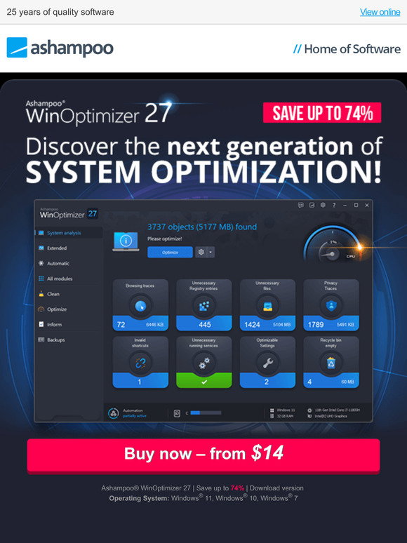 Ashampoo: Ashampoo WinOptimizer 27 - For a stronger PC | Milled