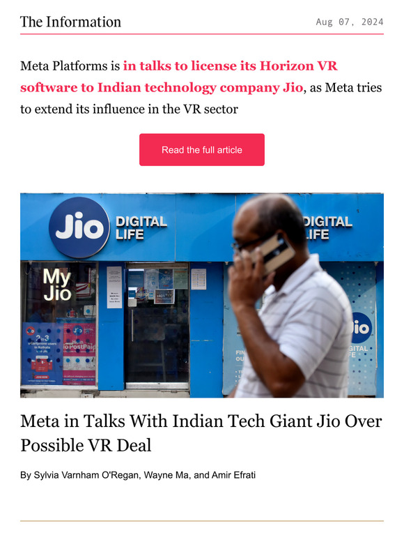 The Information: Meta in Talks With Indian Tech Giant Jio Over Possible ...