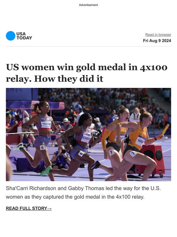 USA TODAY: Breaking: USA wins gold in women’s 4x100 meter relay at ...