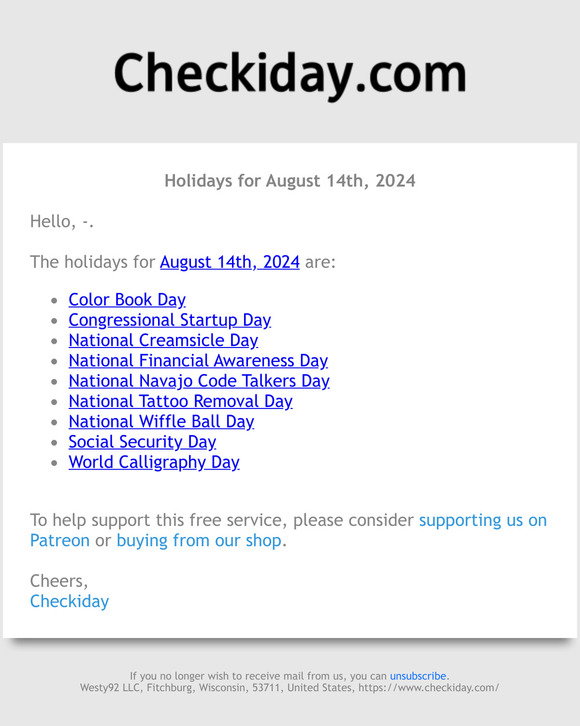 Checkiday: Holidays for August 14th, 2024! 📅🎉 | Milled