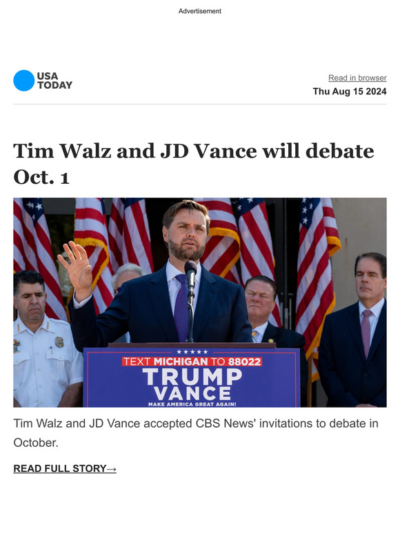 USA TODAY: Breaking: Tim Walz, JD Vance agree to vice presidential ... USA TODAY: Breaking: Tim Walz, JD Vance agree to vice presidential ...