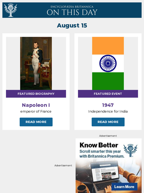Brittanica: Independence for India, Napoleon I is featured, and more ...