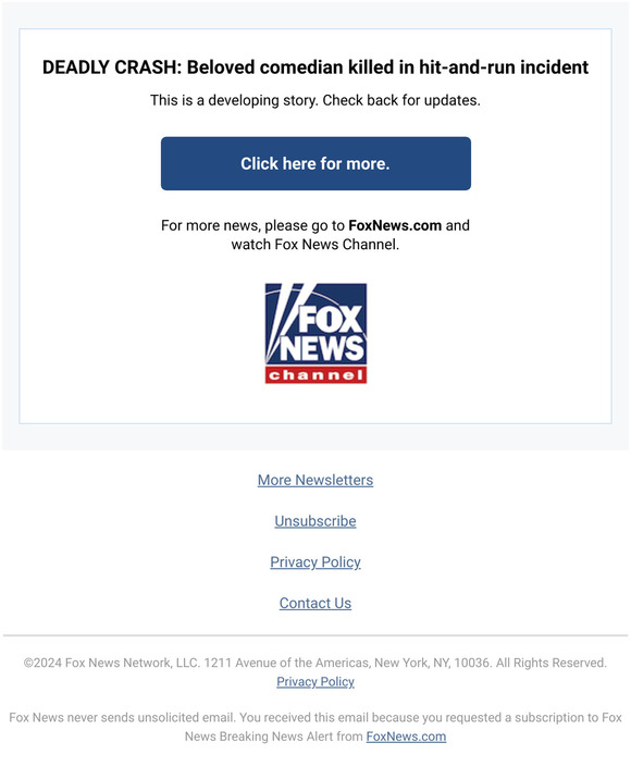 Fox News: DEADLY CRASH: Beloved comedian killed in hit-and-run incident ...