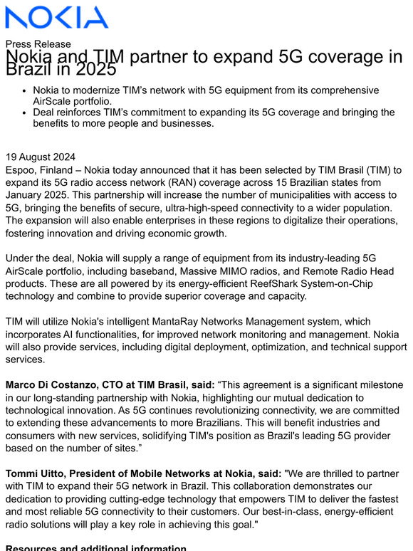 Withings: Nokia and TIM partner to expand 5G coverage in Brazil in 2025 ...