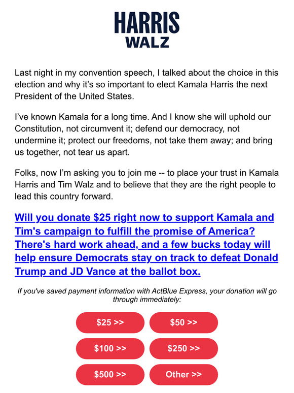 Kamala Harris: I hope you'll pitch in $25 to the Harris-Walz campaign ...