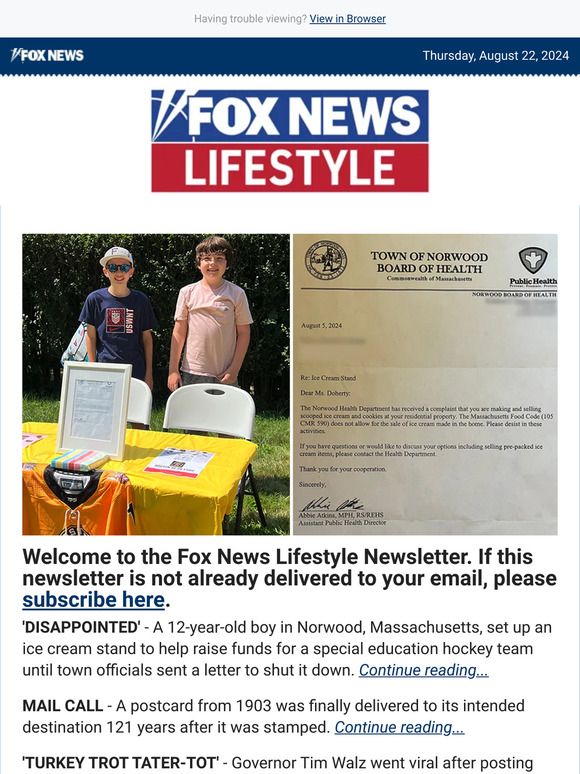 Fox News: Officials shut down boy's charity ice cream stand, plus Tim ...