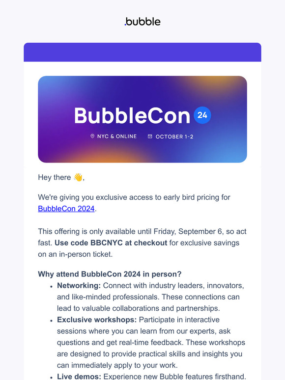 Bubble: For you only: Early-bird pricing for BubbleCon 2024 extended | Milled